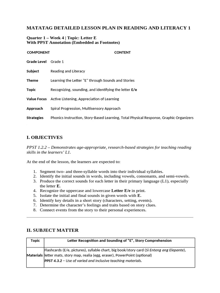 Matatag Detailed Lesson Plan in Reading and Literacy 1 | PDF | Phonics ...