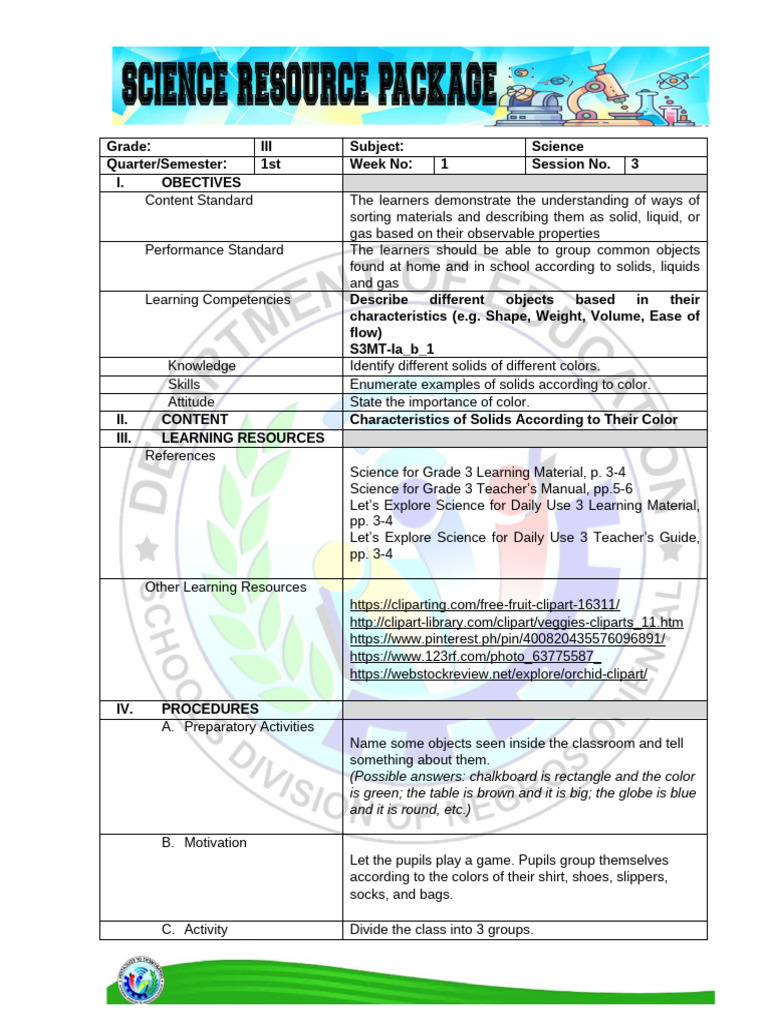Science3 DLP Q1 Week1 Day3 | PDF | Color | Learning
