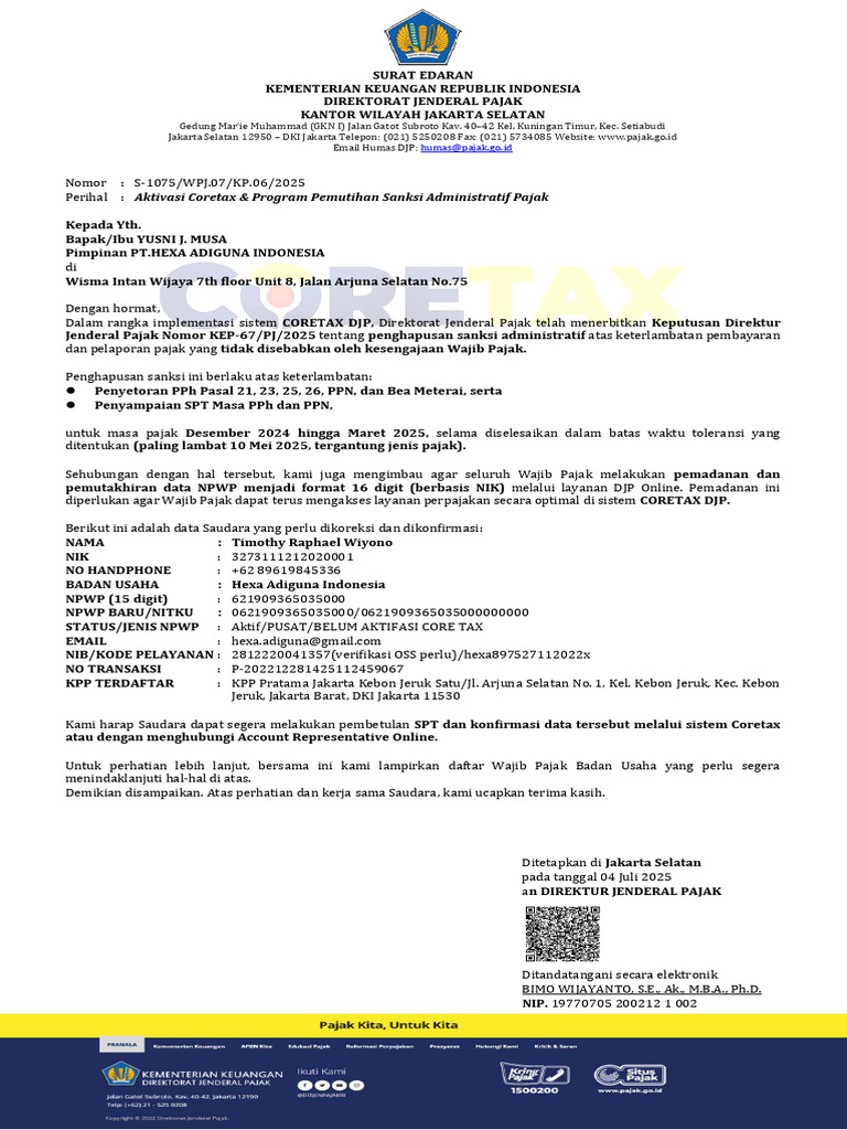 Surat Edaran Coretax Timothy Raphael Wiyono | PDF