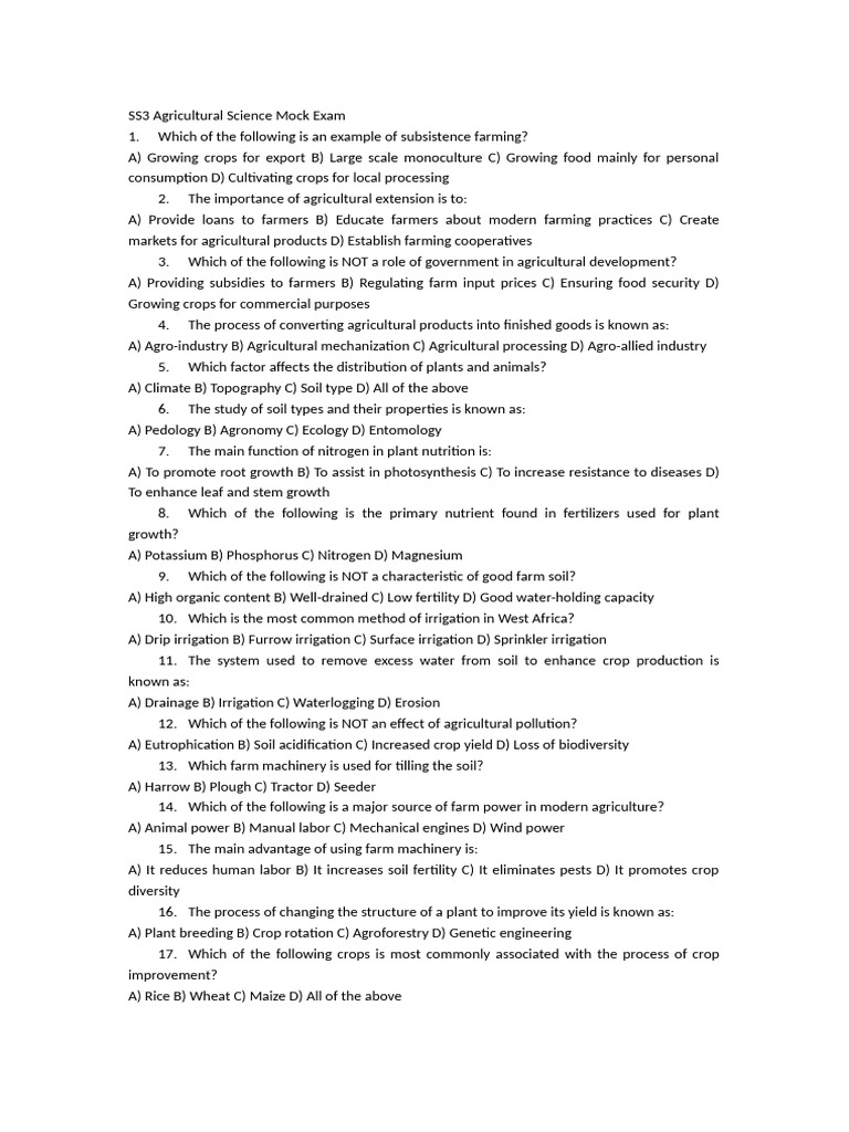 SS3 Agriculture Mock Exam Questions | PDF | Agriculture | Crop Rotation