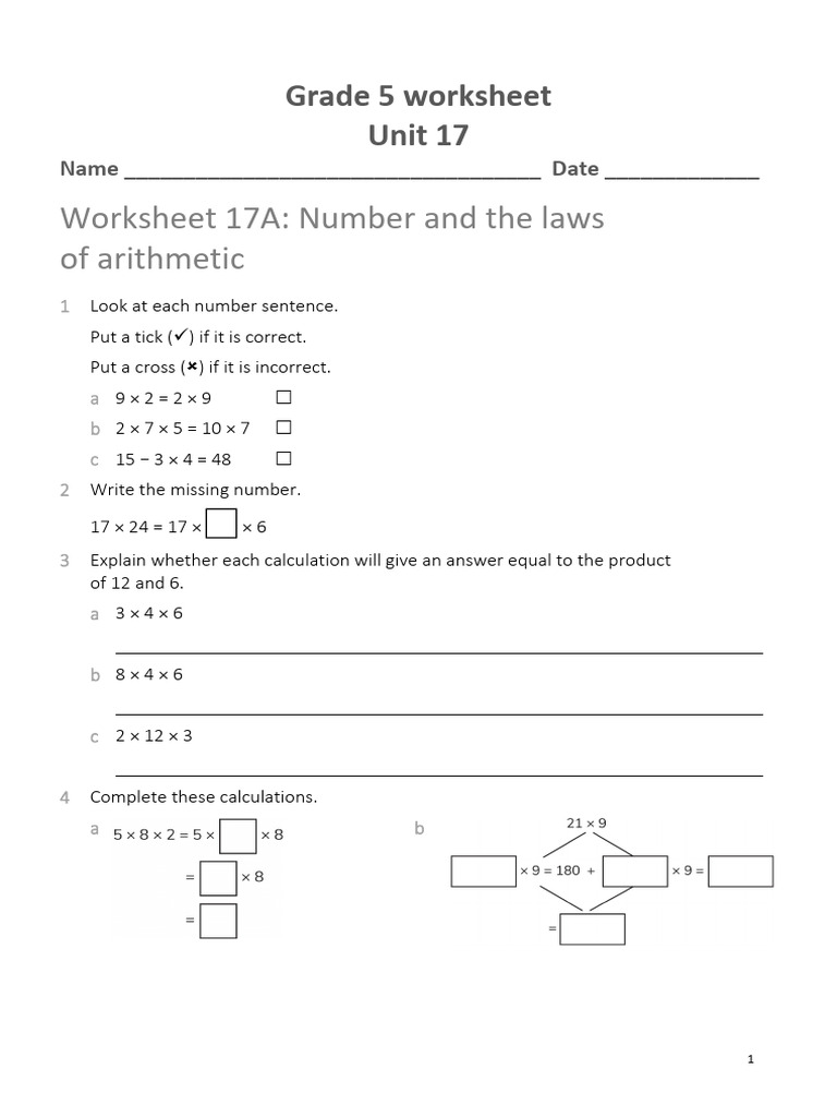 Grade 5 Unit 17 Worksheet | PDF | Mathematics | Arithmetic