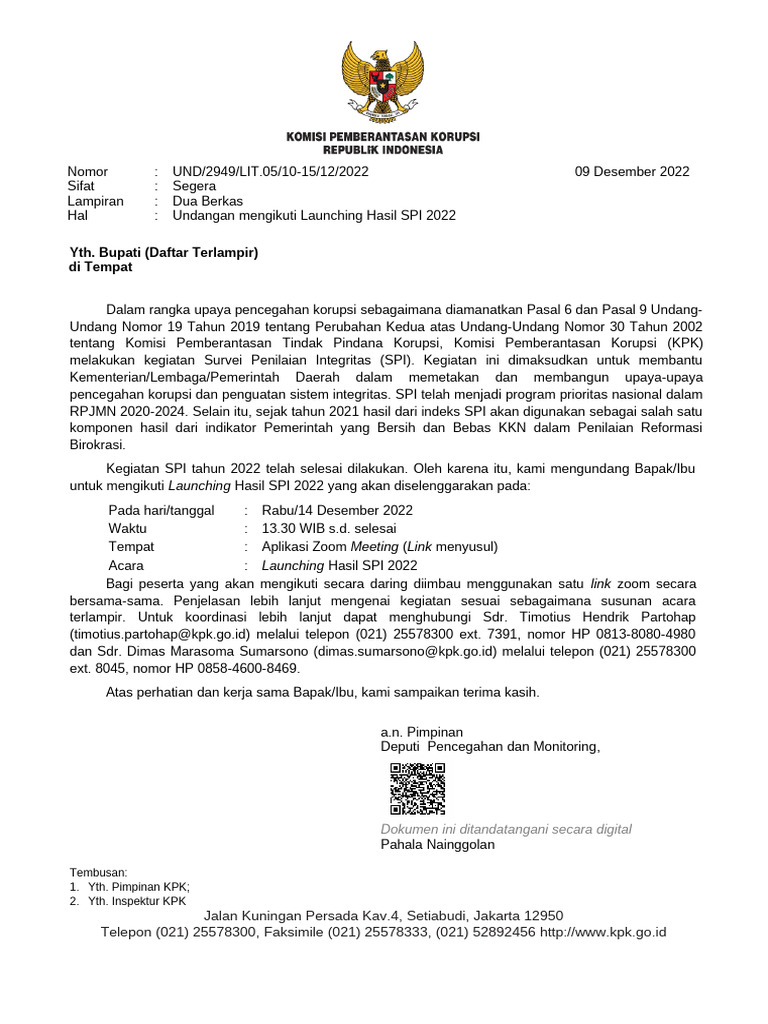 UND-2949 Undangan Launching Hasil SPI 2022 - All Bupati | PDF