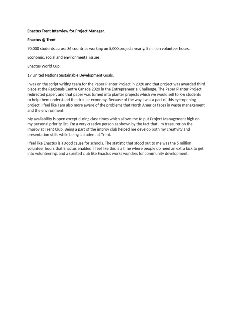 Enactus Trent Interview For Project Manager | PDF