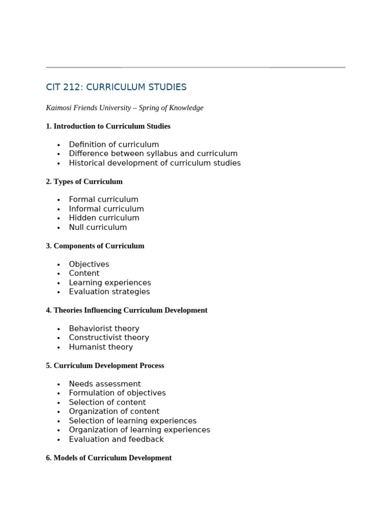 CIT 212 Curriculum Studies Overview | PDF