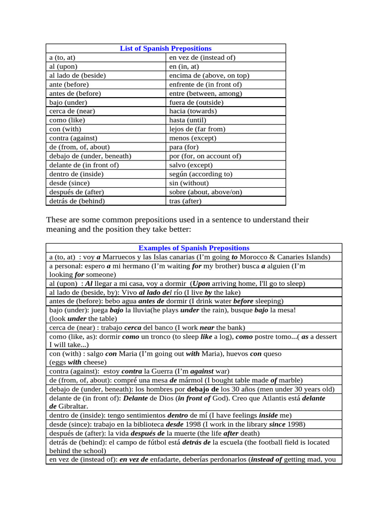 Lista de Preposiciones en Español | PDF