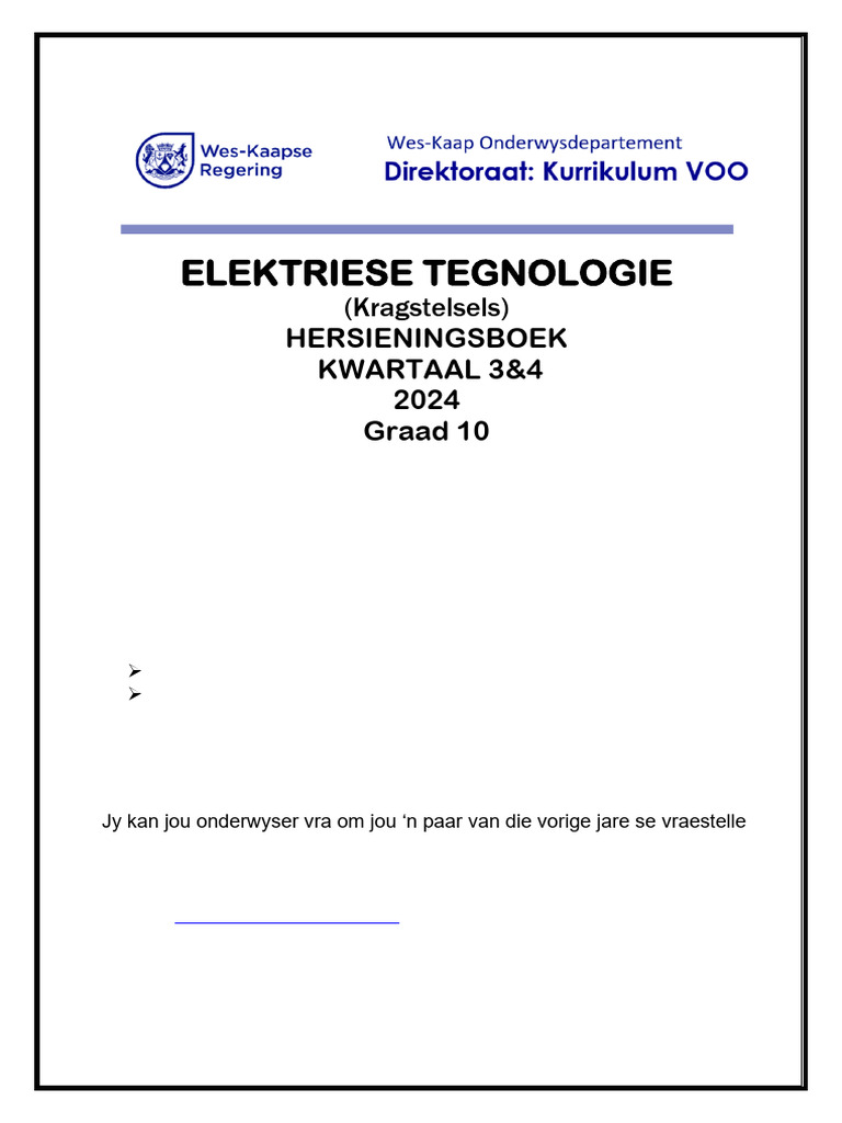 Graad 10 Elektriese Tegnologie Kragstelsels Hersieningsmateriaal | PDF