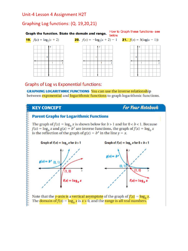 Unit 4 Lesson 4 Assignment H2T-Graphs of Log Vs Exponential Functions | PDF