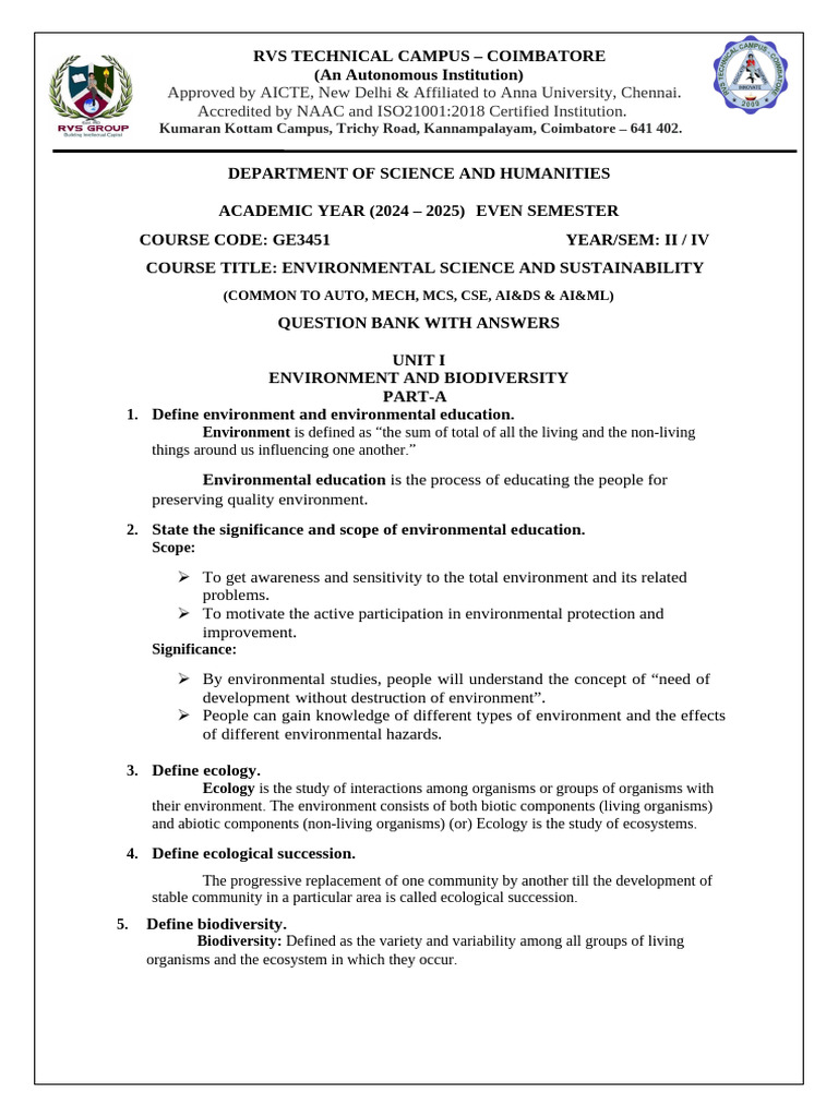 Ge3451 - Ess Question Bank | PDF | Sustainability | Waste