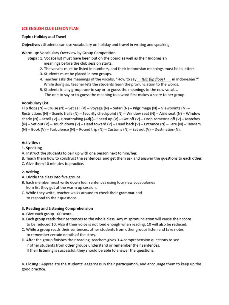 English Club Lesson Plan On Holiday and Travel | PDF | Reading ...