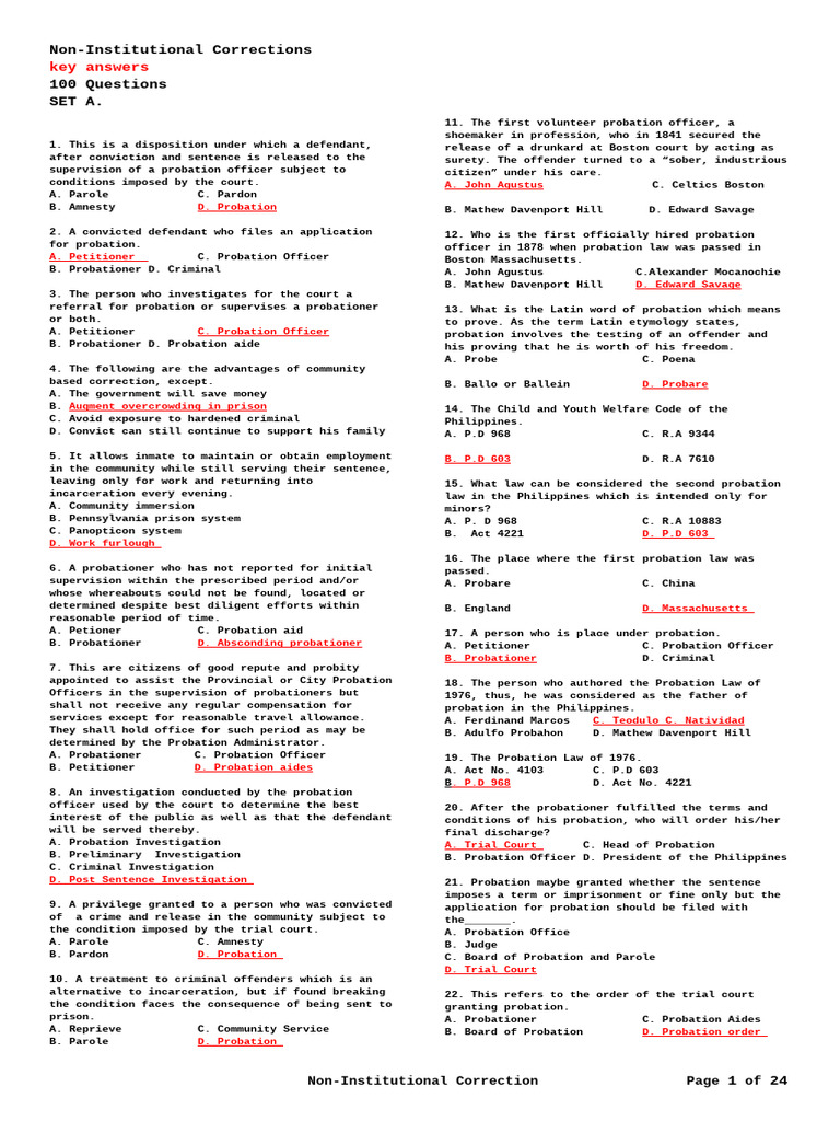 Non-Insti 100 Key Ans 2024 | PDF | Pardon | Probation