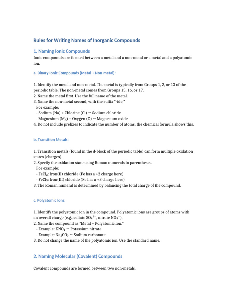 Inorganic Compound Naming Rules | PDF | Ion | Chemical Compounds