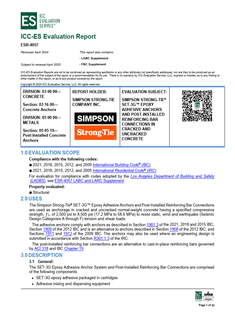 Esr-4057 Set 3g Epoxy Rev | PDF | Strength Of Materials | Materials