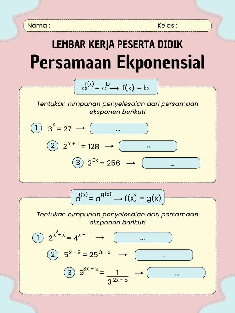 Persamaan Eksponensial Worksheet Biru Coklat Kuning Gaya Sederhana | PDF