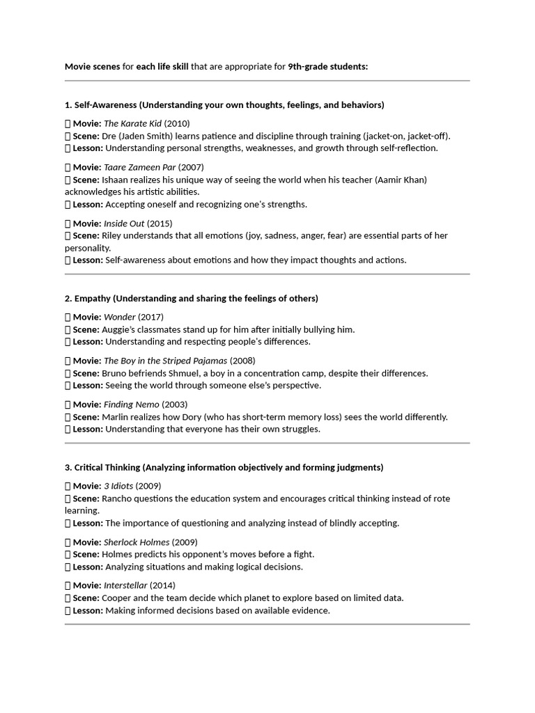 Movie Scenes For Each Life Skill That Are Appropriate For 9th | PDF ...
