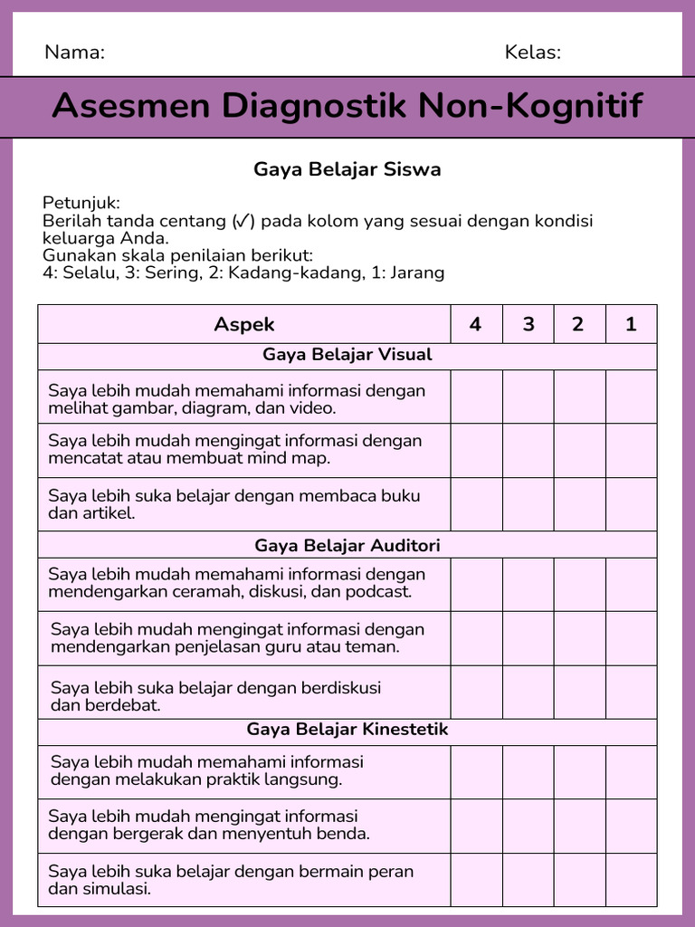 Lembar Kerja Asesmen Diagnostik Non Kognitif Keluarga Berwarna Sederhana | PDF
