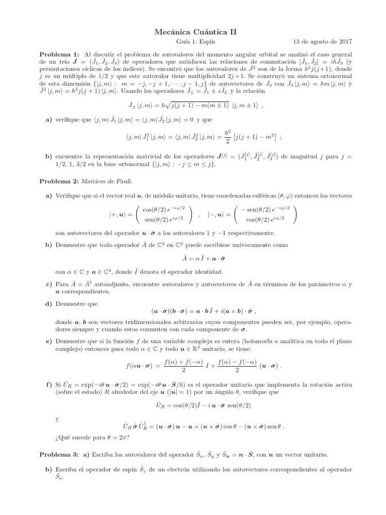 Guía de Mecánica Cuántica II: Espín | PDF | Valores propios y vectores ...