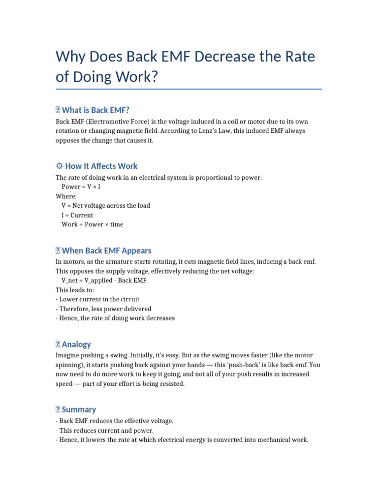 Back EMF Decreases Work Rate | PDF
