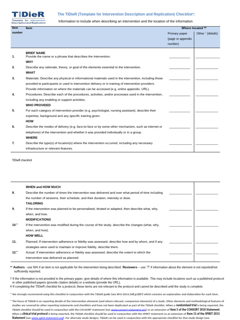 TIDieR Checklist for Intervention Reporting | PDF