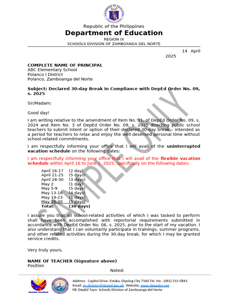 Letter For Uninterrupted Vacation Schedule of Teachers 2025 | PDF | Government | Governance