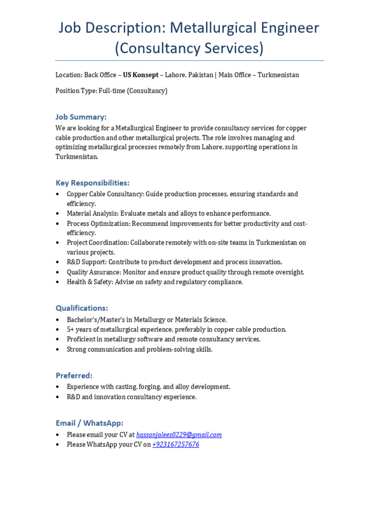 Metallurgical Engineer Role in Pakistan | PDF