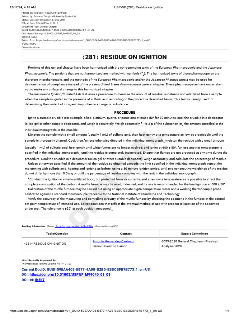 USP Residue on Ignition Method | PDF | Thermocouple | Combustion