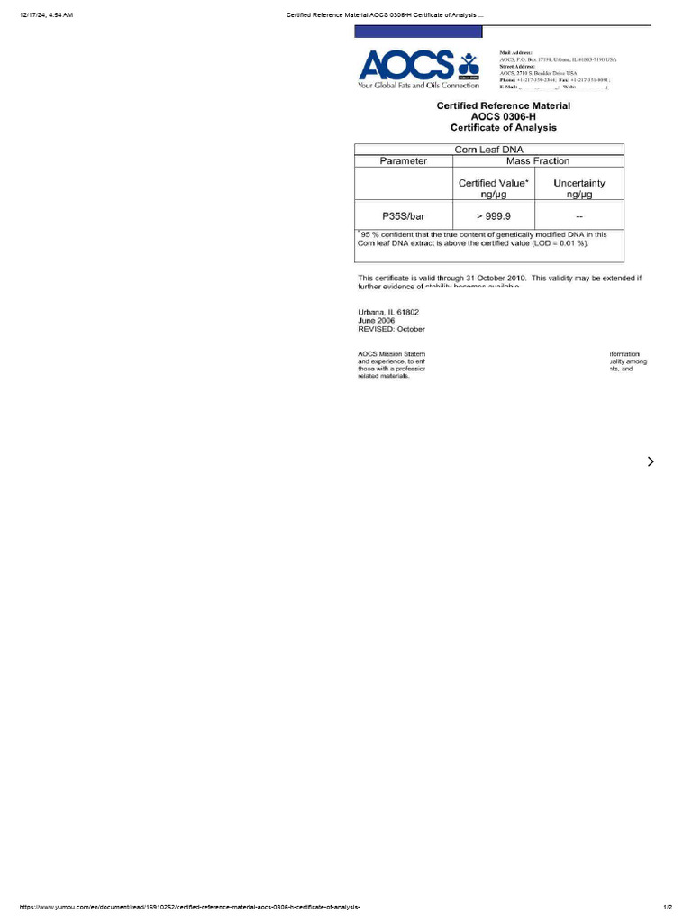 Certified Reference Material AOCS 0306-H Certificate of Analysis .. | PDF