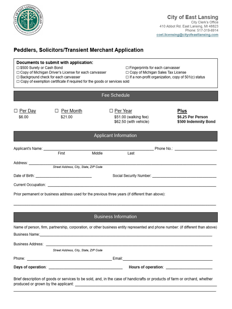 Peddlers Application Fillable | PDF | License