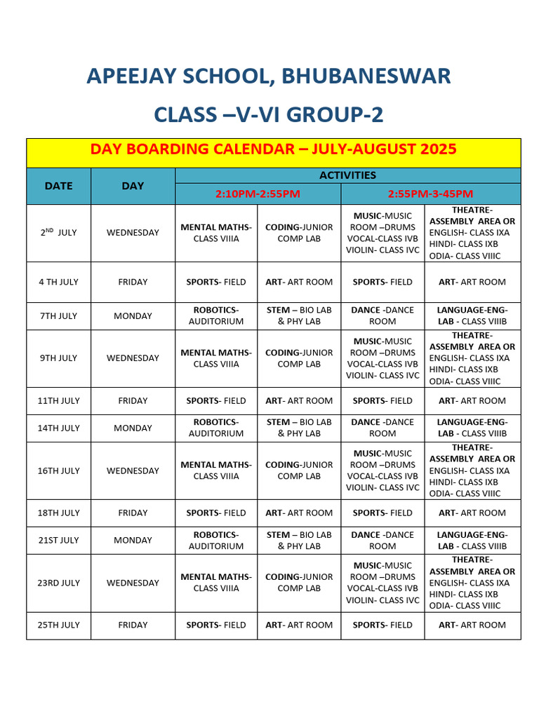 APEEJAY School July-August 2025 Calendar | PDF | Military Operations