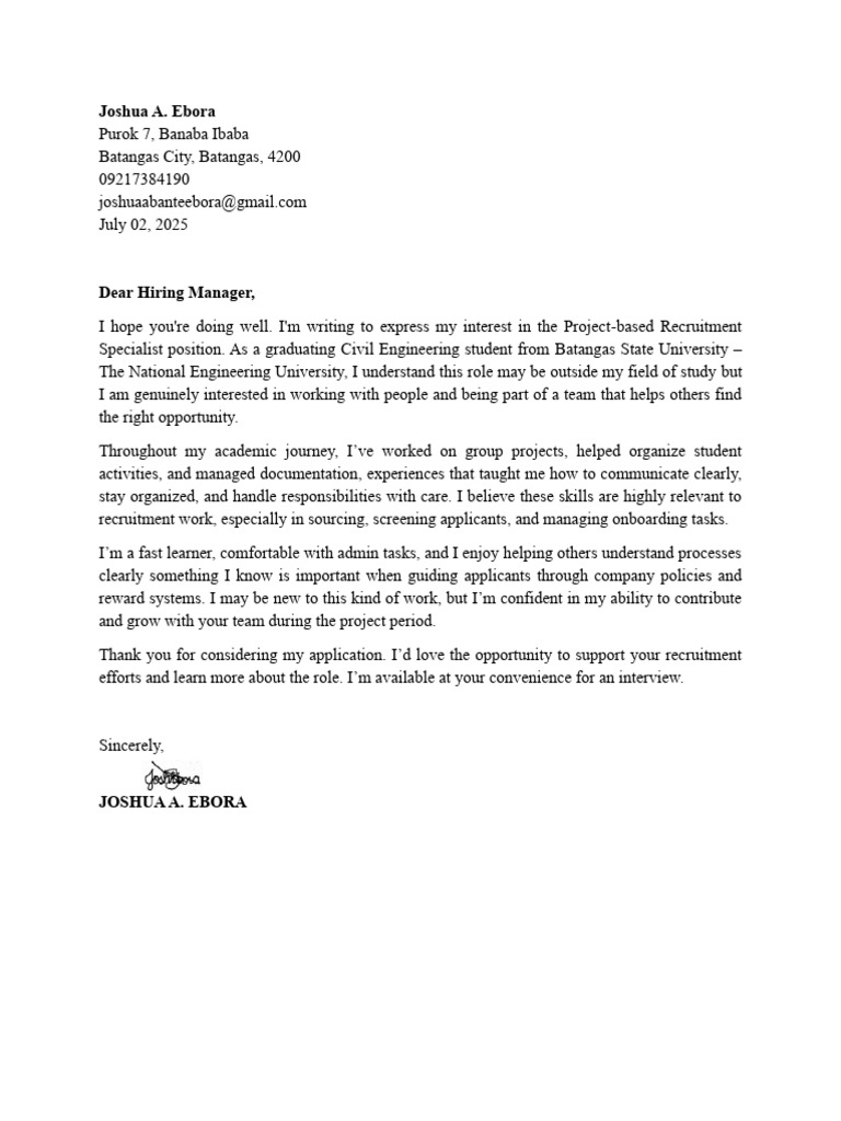 Cover Letter For Recruitment Specialist | PDF