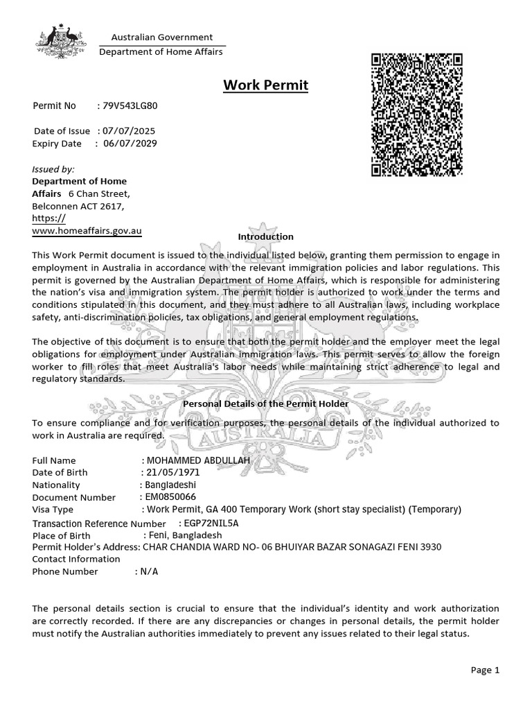 Australian Work Permit for Mohammed Abdullah | PDF | Employment | Salary
