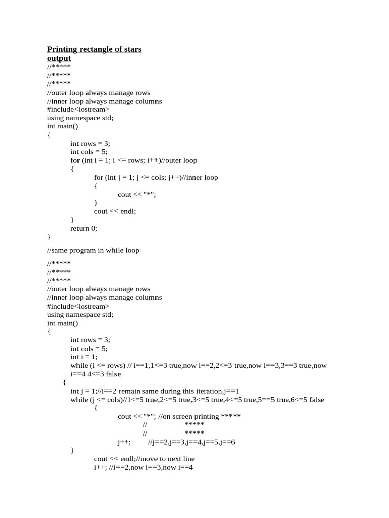 Printing Rectangle of Stars Using Nested Loops | PDF | Namespace | Computer Programming
