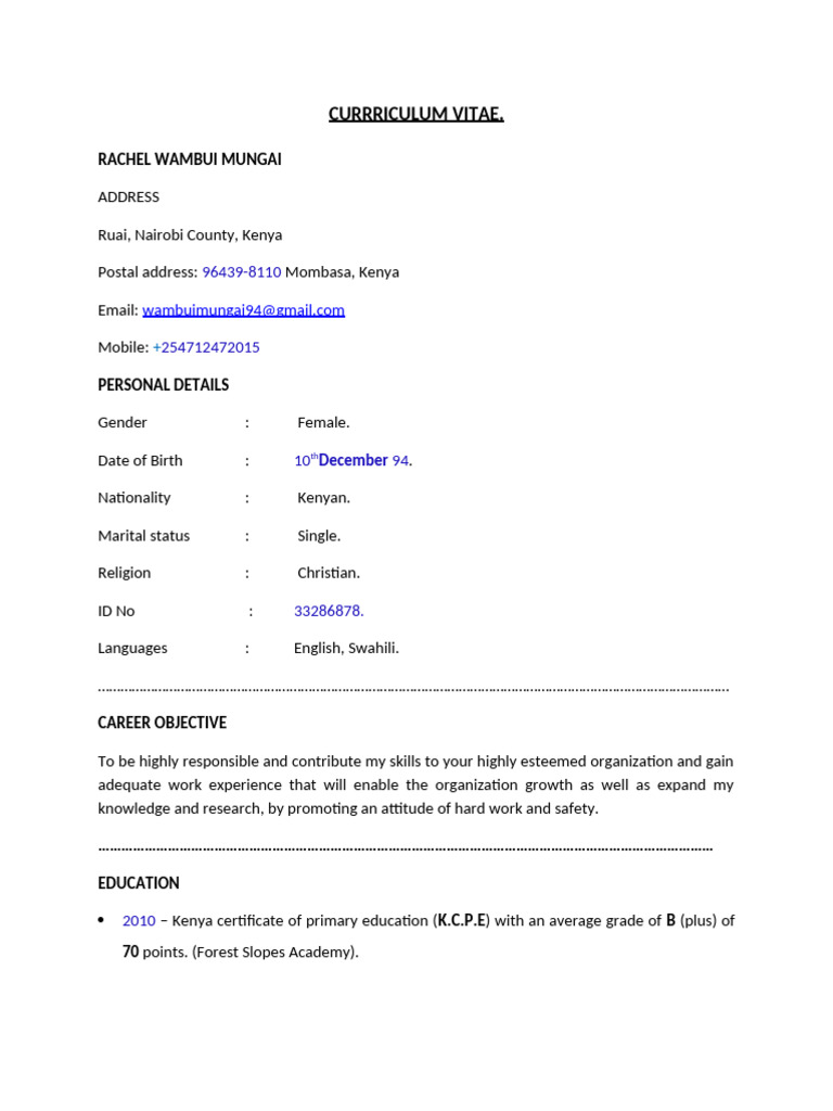 Rachel Wambui Mungai CV | PDF | Kenya | Shipping