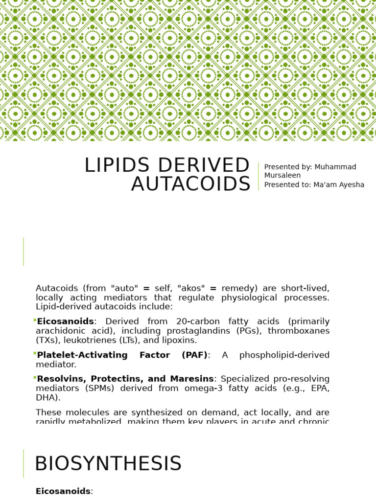 Lipids Derived Autacoids | PDF | Inflammation | Prostaglandin