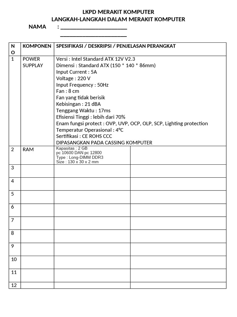 LKPD Spesifikasi Komponen Komputer | PDF