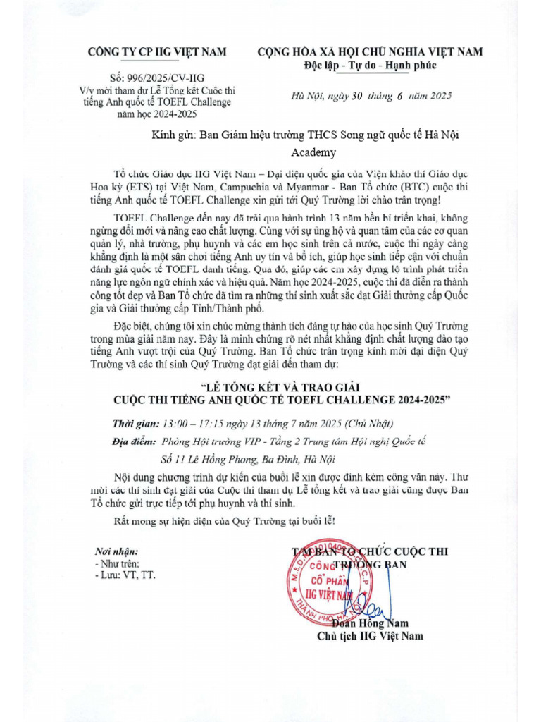 996 CV Moi Truong THCS Hanoi Academy | PDF