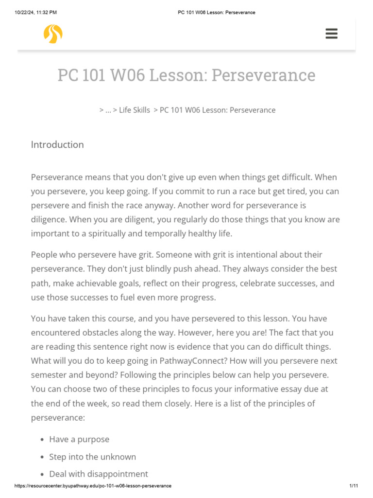 PC 101 W06 Lesson - Perseverance | PDF