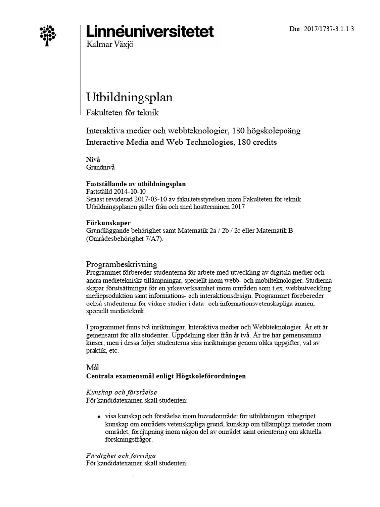 Utbildningsplan DigitalaMedier | PDF