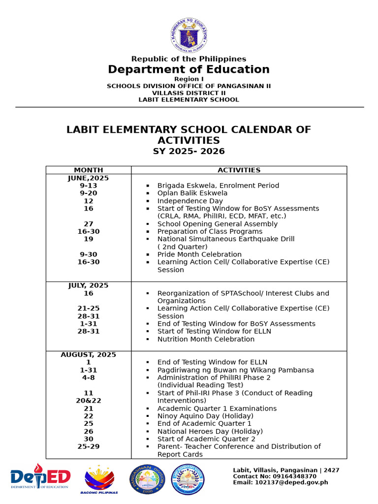 School Calendar of Activities 2025-2026 | PDF | Holidays | Philippines