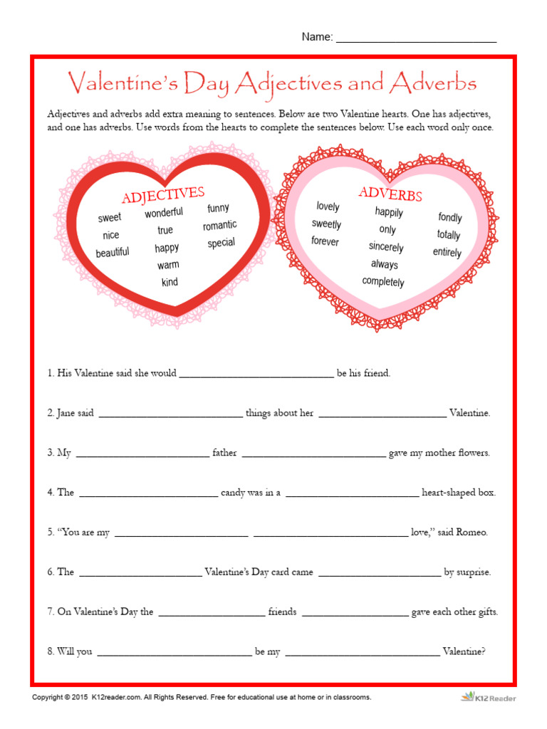 Valentines Day Adjectives and Adverbs | PDF | Adverb | Valentine's Day