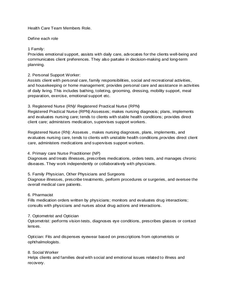Health Care Team Members Role Assignment | PDF | Physical Therapy ...