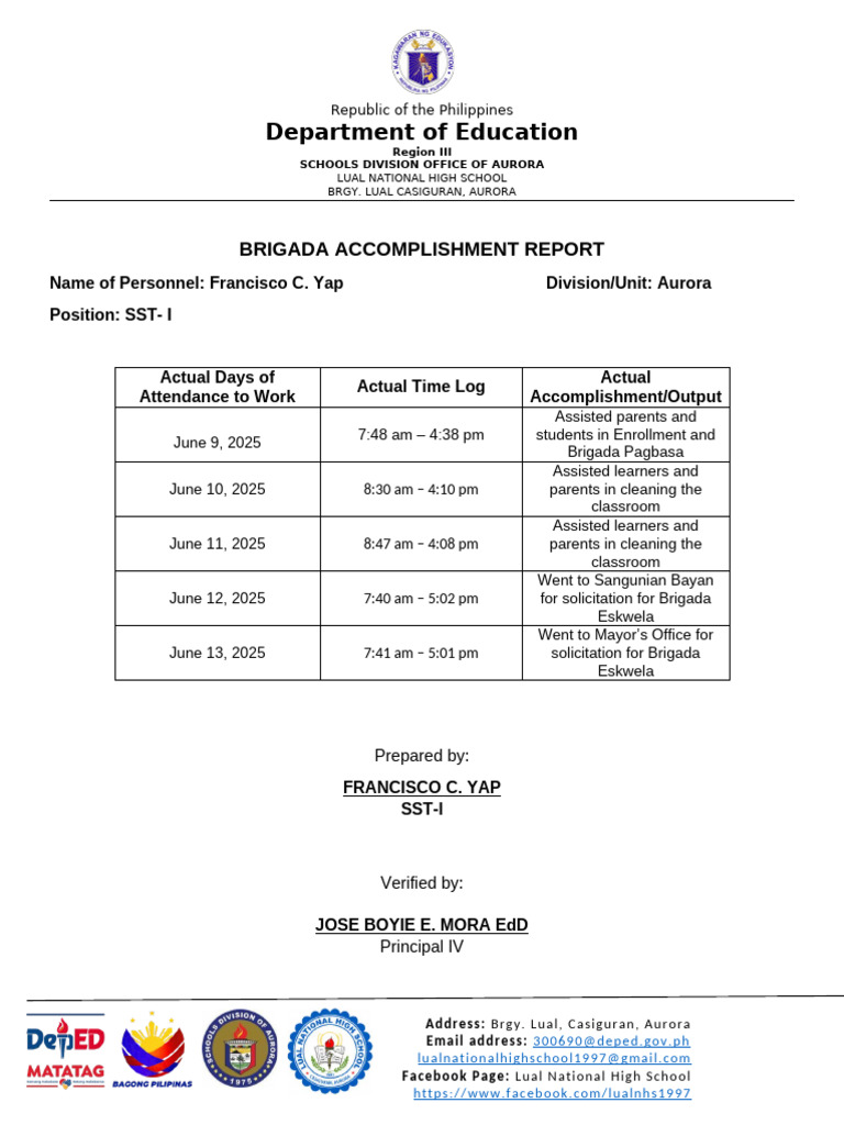 Accomplishment Report For Brigada | PDF