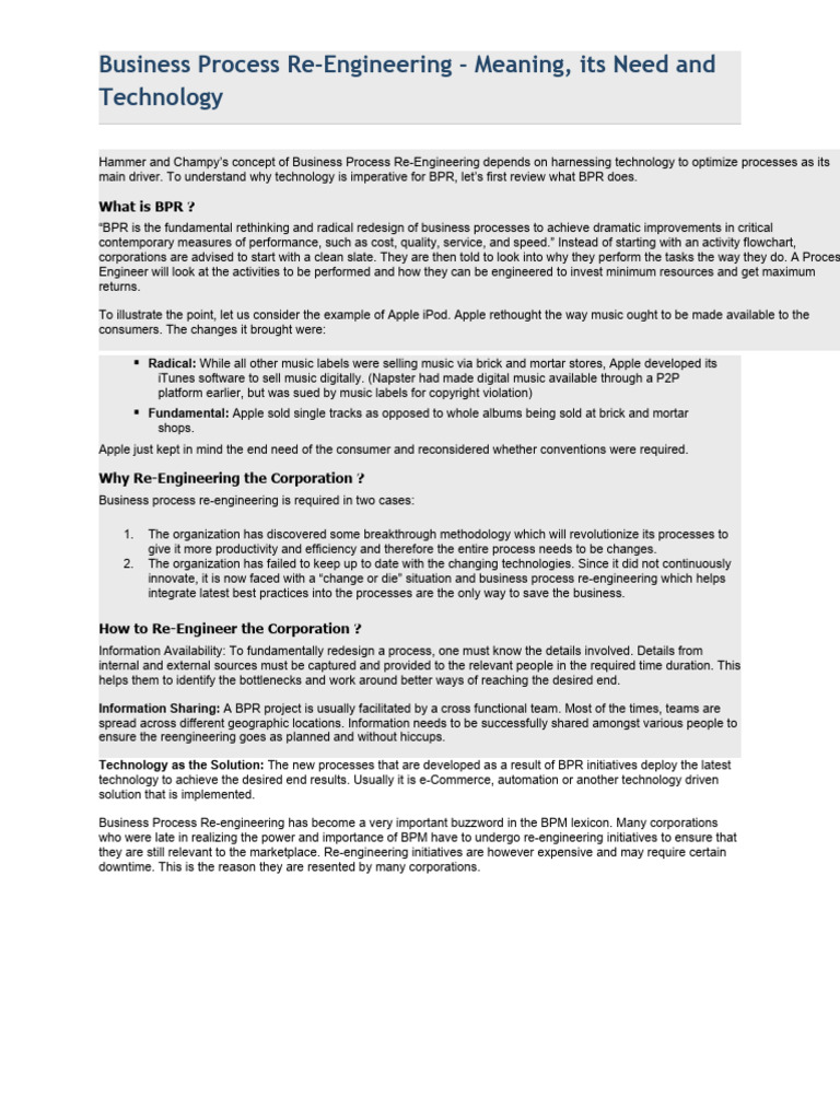 Business Process Re Engineering | PDF | Business Process | Business Economics