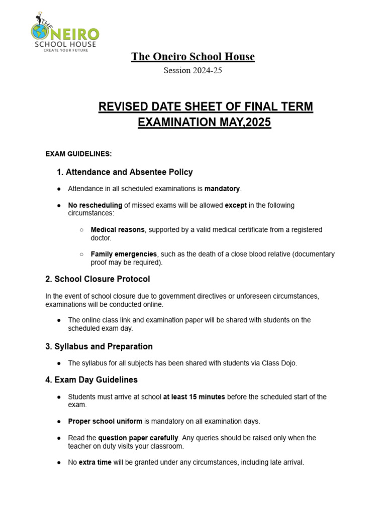 REVISED Middle School Final Exam DATE SHEET 2025.docx 1 | PDF