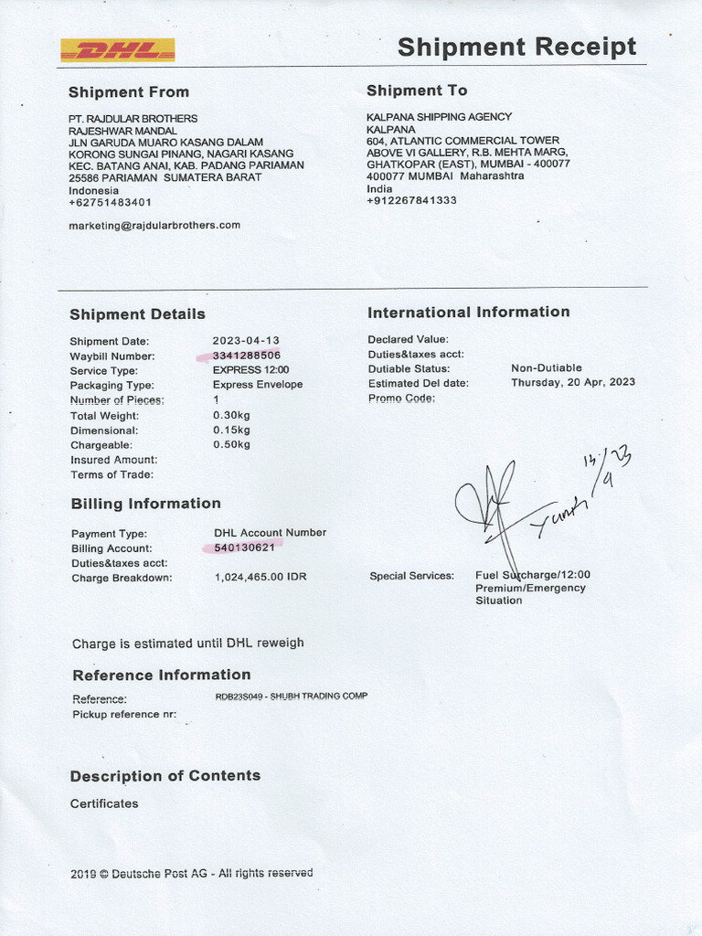 DHL Receipt - Shub Trading | PDF
