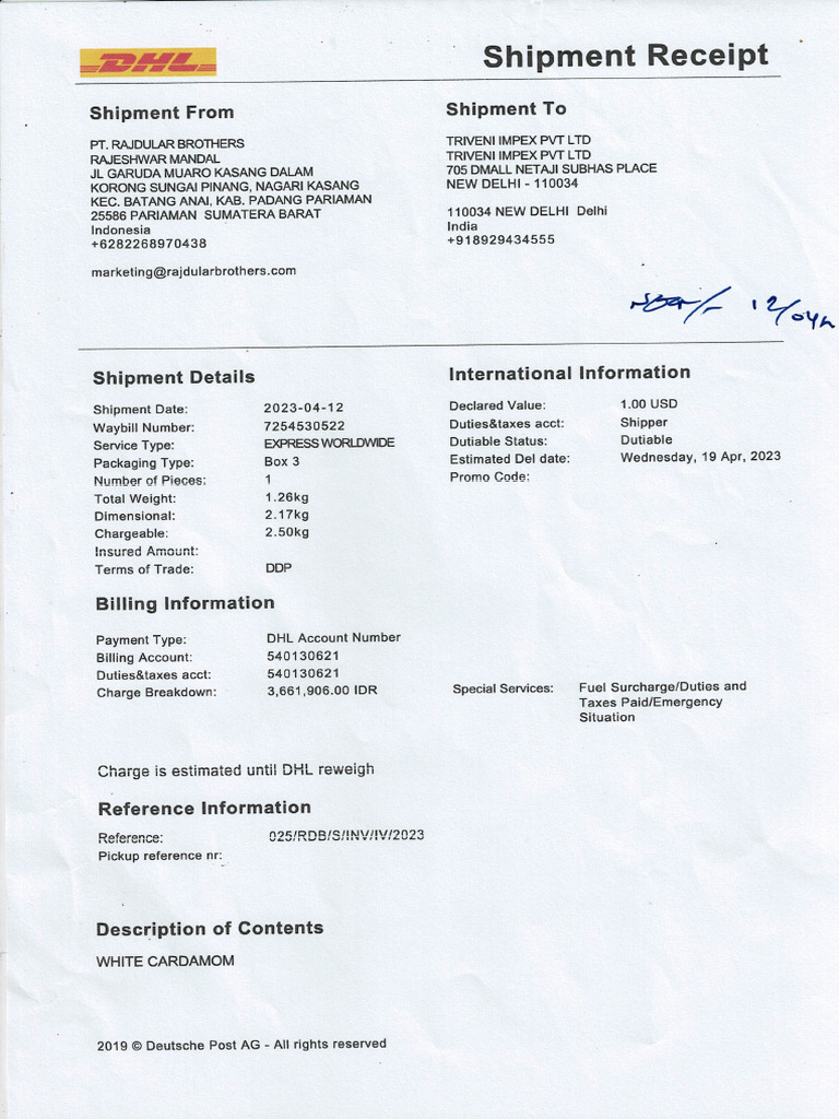 DHL Receipt - Sample Triveni | PDF