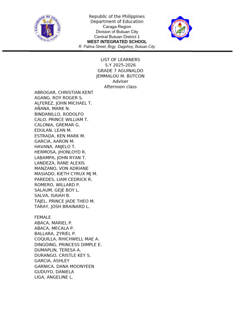 Grade 7 Learner List 2025-2026 | PDF