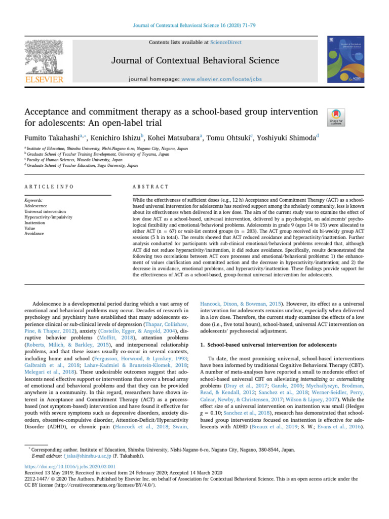 ACT School Based Group Intervention Open Label 2020 | PDF | Cognitive ...