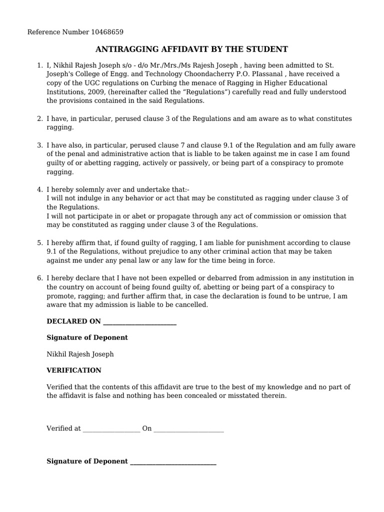 Anti Ragging Affidavit Form | PDF | Affidavit
