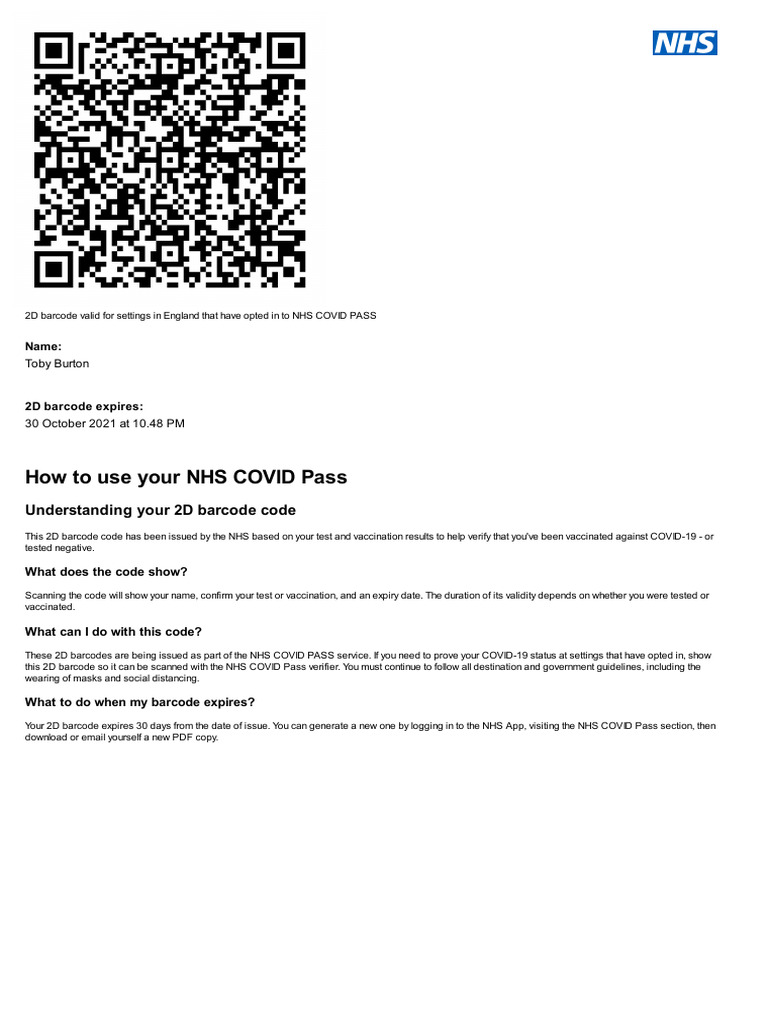 NHS COVID Pass 2D Barcode Guide | PDF