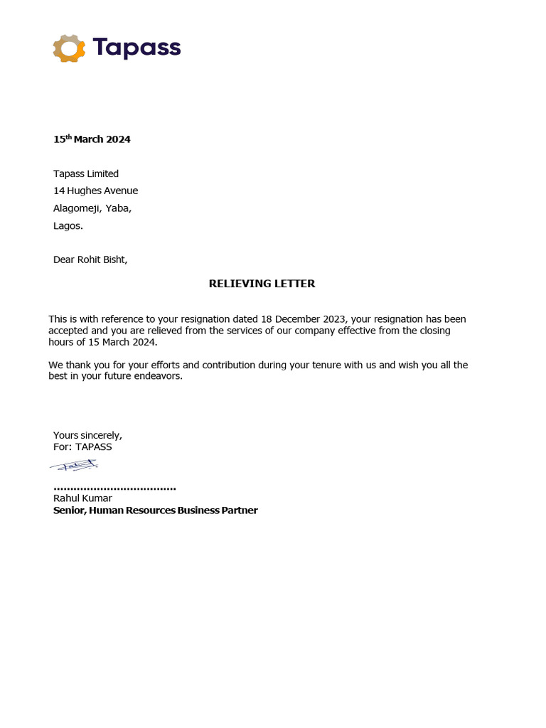 Rohit Bisht - Relieving - Letter | PDF